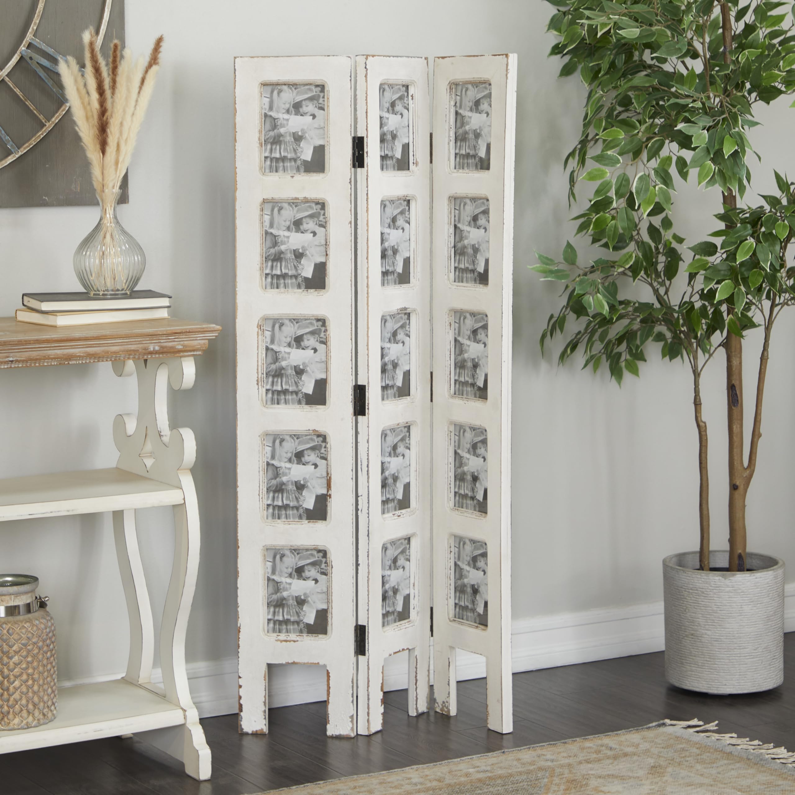 Deco 79 Wooden Partition Room Divider Screen Hinged Foldable Partition 3 Panel Privacy Screen with 15 Photo Slots, Room Partition 27" x 1" x 51", White