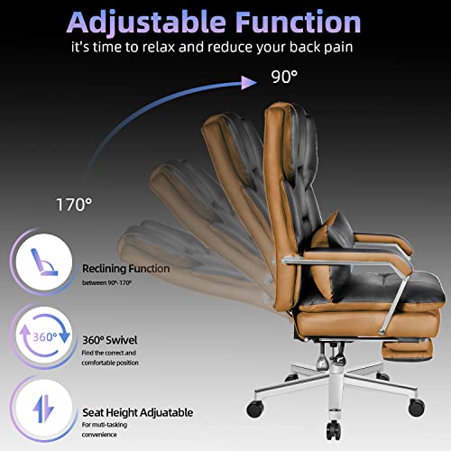 SeekFancy Reclining Office Chair with Footrest O203, Big and Tall Office Chair 500lbs Wide Seat with 170° Backrest, High Back Large Executive Office Chair Lumbar Support,Black Leather Managerial Chair