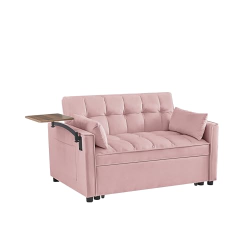 Comfy Velvet Tufted Upholstered Sofa Loveseat Convertible Futon Sofabed,Love Seat W/Pull Out Sleeper Couch Bed and 360 Adjustable Side Table for Coffee & Computer, Modern Compact Daybed