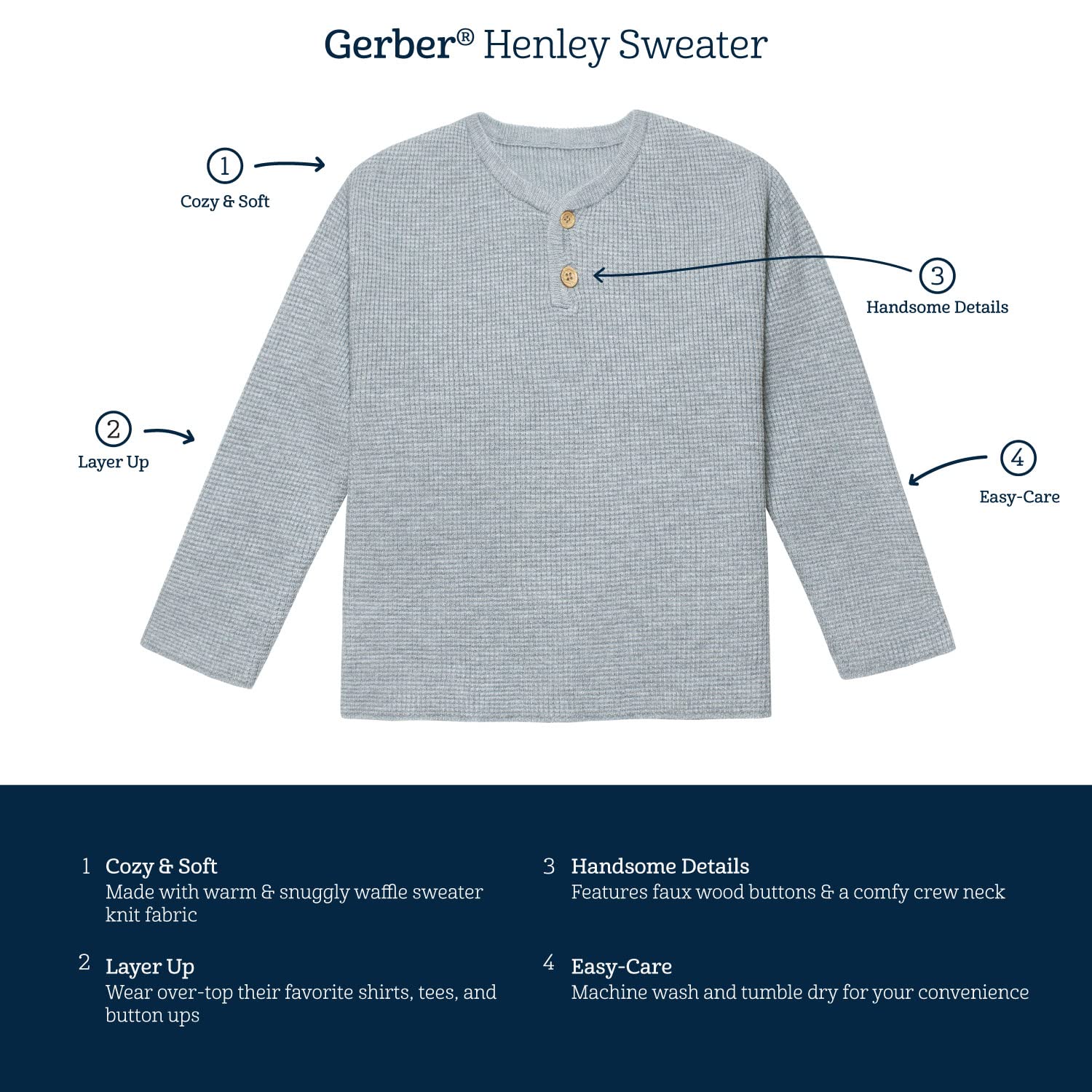 Gerber Baby and Toddler Boys Henley Sweater, Oatmeal Heather, 3T