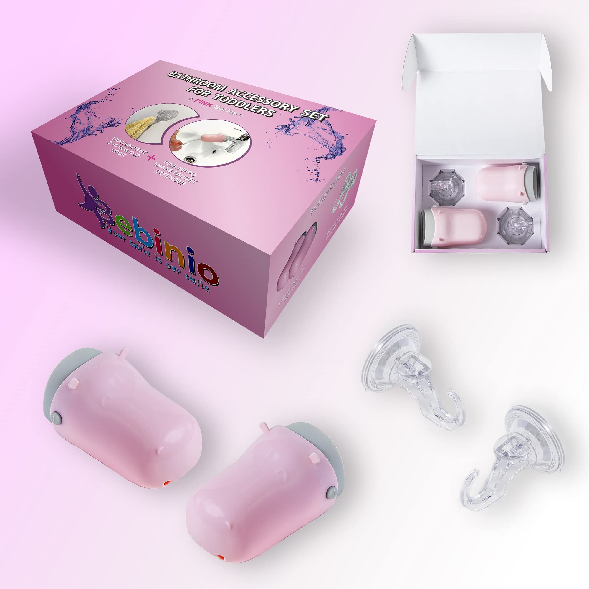 Bebinio Faucet Extender for Kids with Cylindrical Antisplash Spout & Strong Suction Towel Hanging Hook, Set of 4 Pcs (Pink)