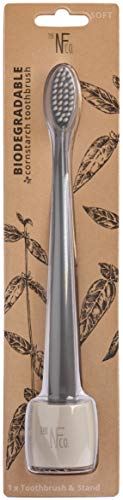 The Natural Family Co. Bio Toothbrush and Stand, Soft Nylon Bristles with Non GMO Cornstarch Handles, Plastic Free Packaging and Monsoon Mist