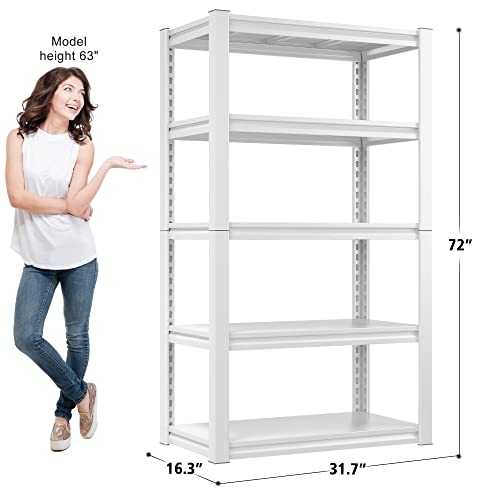 Raybee 72" Garage Shelving Heavy Duty Garage Storage Shelves Load 2000LBS, Adjustable 5-Tier Heavy Duty Shelving, Tall Garage Shelves & All Metal Shelving Utility Shelf, 72" H x31.7 W x16.3 D, White