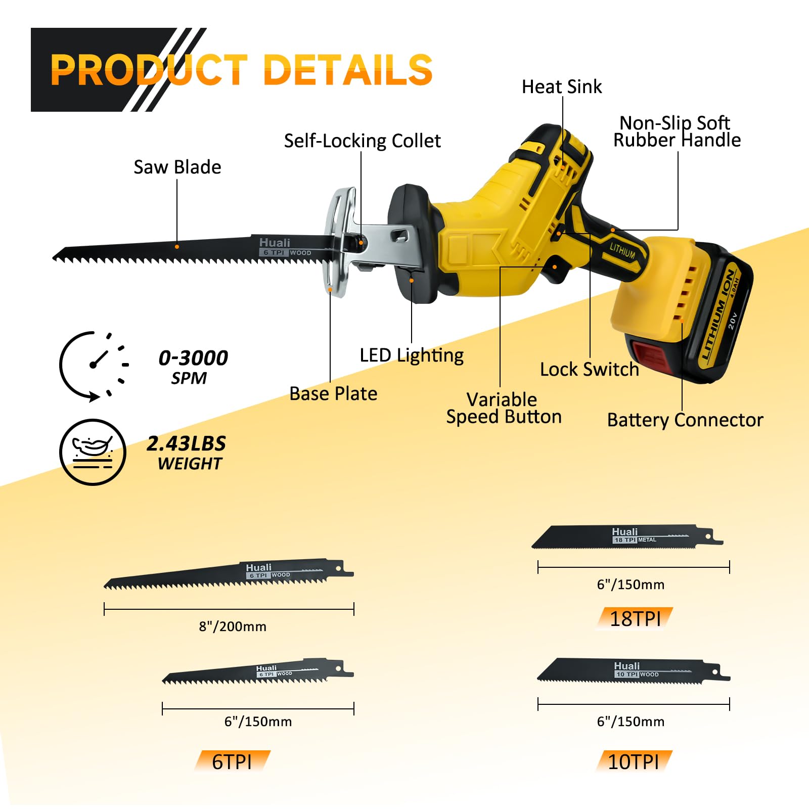 Cordless Reciprocating Saw for DeWalt 20V MAX Battery, 0-3000 SPM Variable Speed Trigger, Tool-free Blade Change, Power Recipro Saw with 4 Saw Blades for Wood & Metal, Trees, PVC Cutting(No Battery)