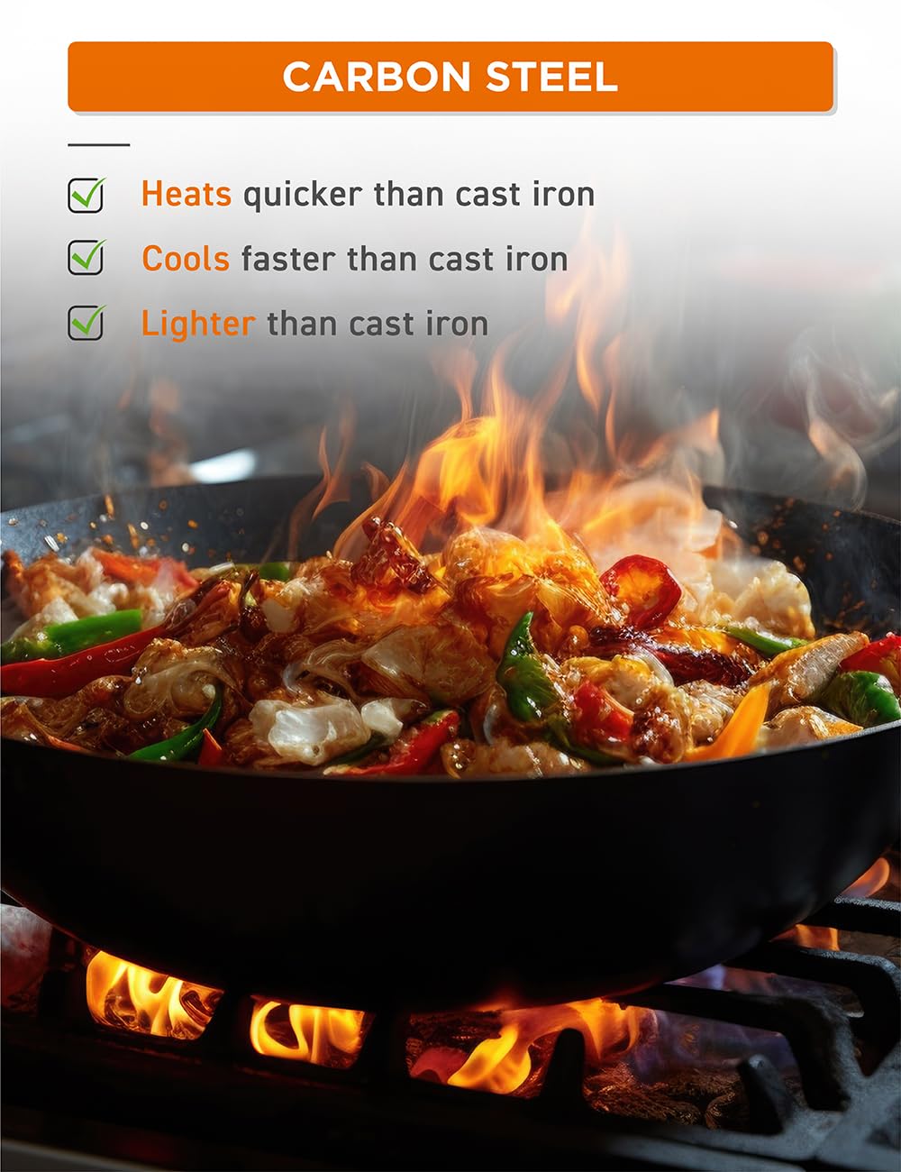 Commercial CHEF 12" Carbon Steel Wok with Acacia Wood Handle, Non Stick Stir Fry Pan with Ceramic Coating, Safe for Any Cooktop or Grill, Lighter and Cools Faster than Cast Iron