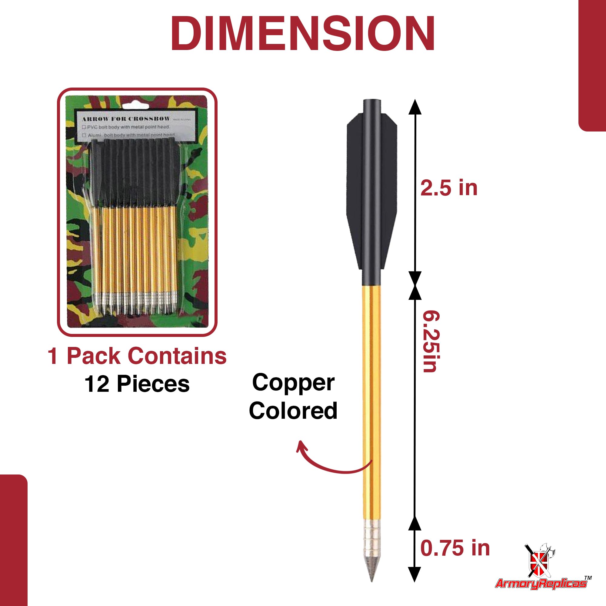 Armory Replicas⢠- Armory Replicas - Replacement Archery Arrows for Crossbow - 6.25 Inch Metal Arrows 12 Pack - Assorted Pack of Dart Arrows Sports and Outdoor