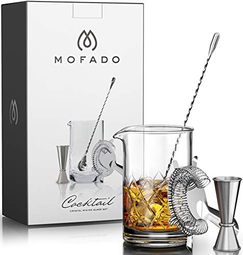 MOFADO Crystal Cocktail Mixing Glass Set - 4 Piece - 18oz 550ml - Thick and Sturdy Bottom, Durable Crystal Mixing Glass, Spoon, Jigger, Strainer - Beautiful Gift