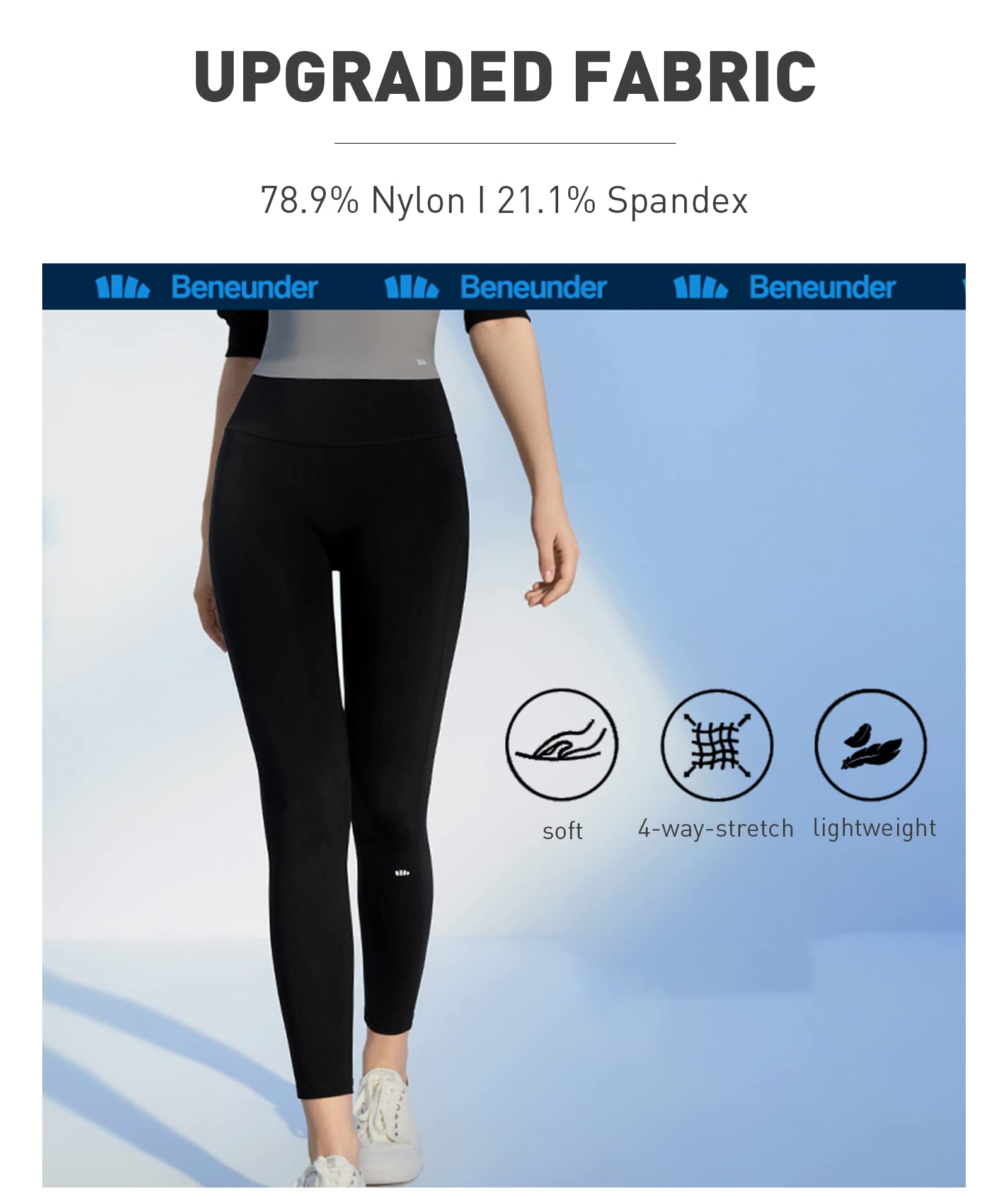 BENEUNDER Women's High Waisted Yoga Leggings with Tummy Control(Black,L)