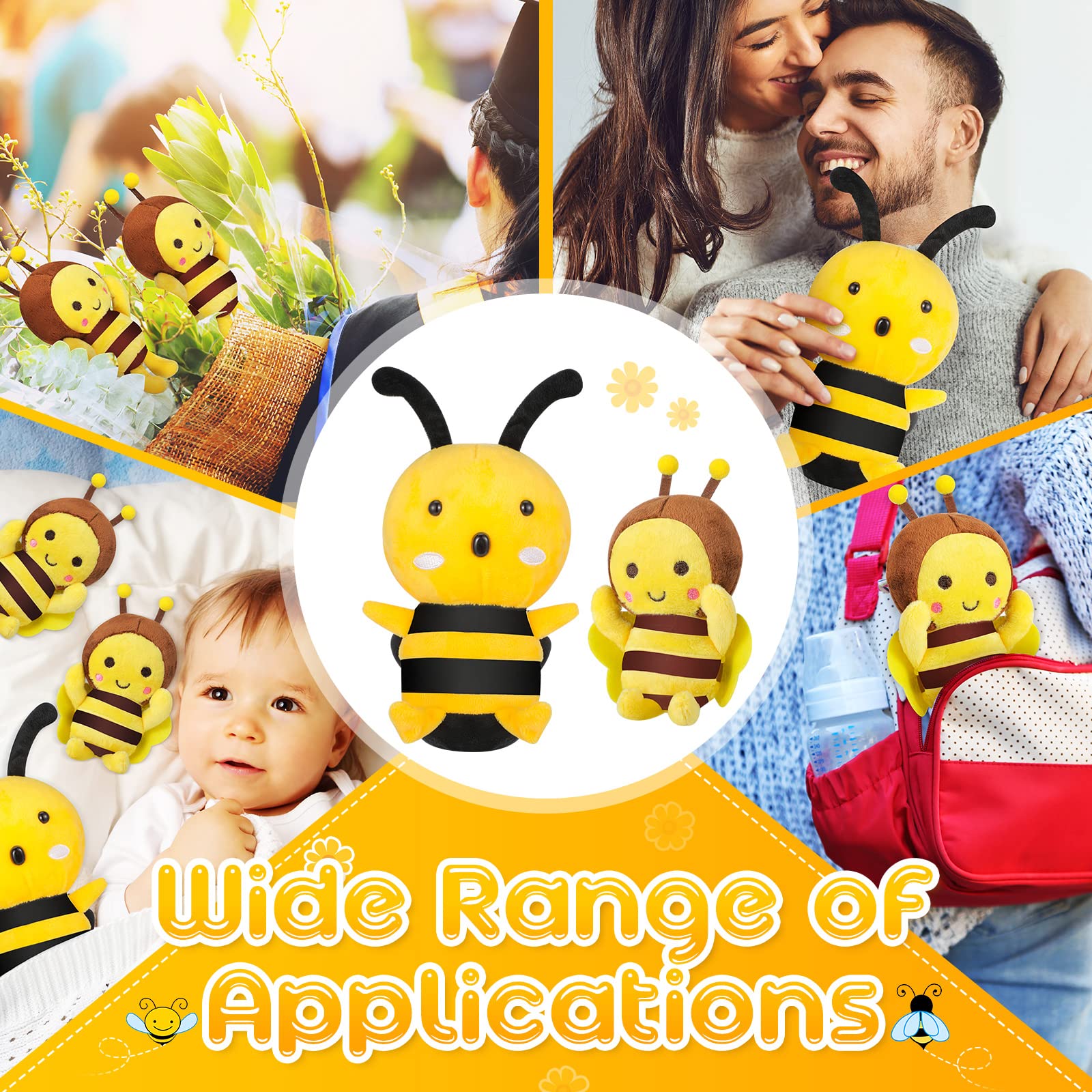 Jerify 6 Pieces Bee Plush Toy Bee Stuffed Animal, Yellow Bees Plushie Cuddly Large Soft Bee Pillow for Christmas Thanksgiving Birthday Bee Themed Party Gift, 8 Inches and 4.7 Inches