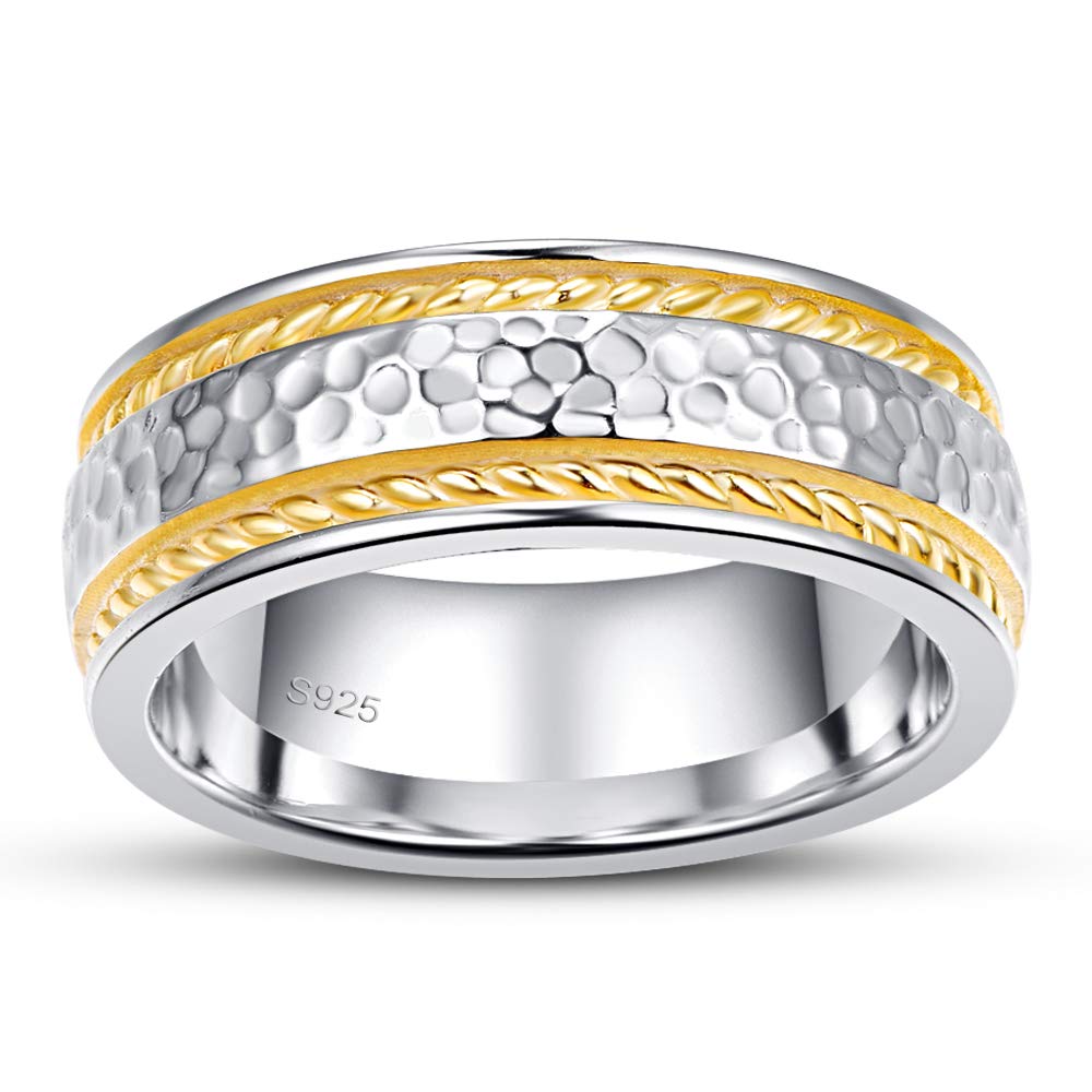 AVECON 6MM Wedding Band for Men 925 Sterling Silver 18K Gold Plated Hammered Engagement Unisex Rings Size 12