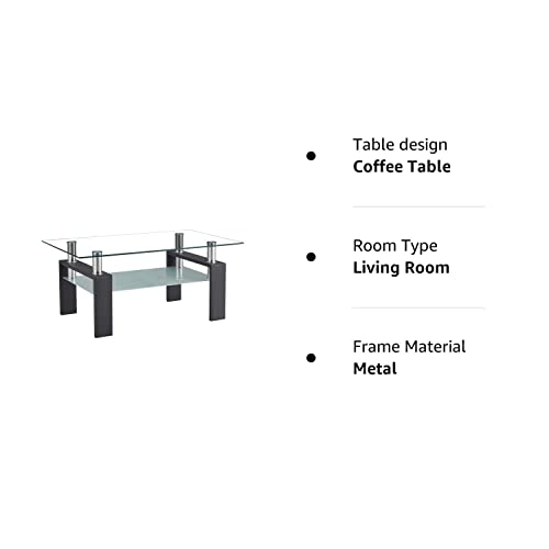 Rectangle Glass Coffee Table Metal Tube Legs End Table for Livingroom Tansole Black 39.4x23.7x17.7