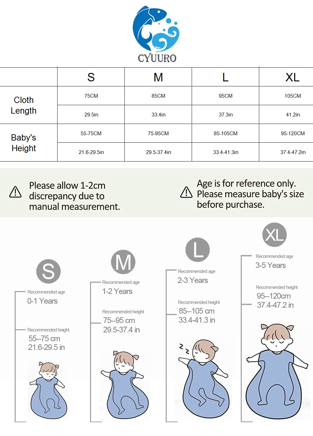 CYUURO Baby Sleeping Bag Sleeves Detachable Kids Wearable Blanket Toddlers Thick Cold Weather，Blue 60-68℉