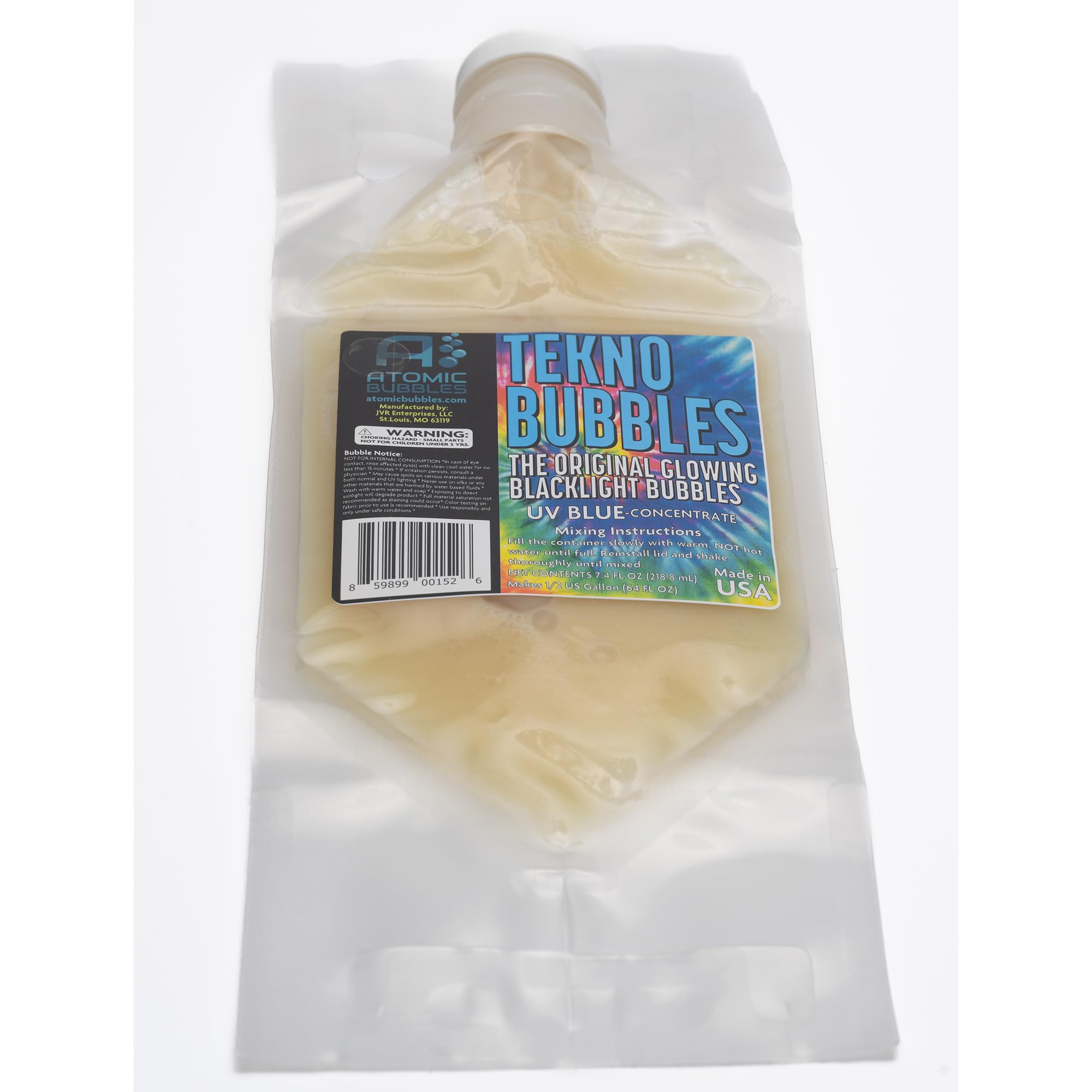Atomic Bubbles: Tekno Bubbles 64oz Smart Pouch Refill - Blue - UV Blacklight Glow Bubbles, Glow Parties, Indoor & Outdoor, Safe for Kids, Non-Toxic