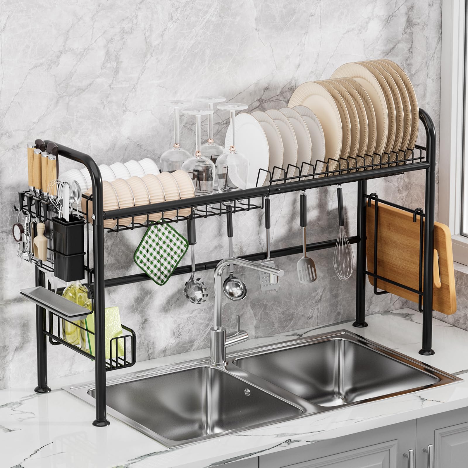 GAOKASE Large Over The Sink Dish Drying Rack, 2 Tier Over Sink Dish Rack with Utensil Holder, Dishes Drainer for Kitchen Counter Kitchen Organizer Metal (Fit≤32" Sink)