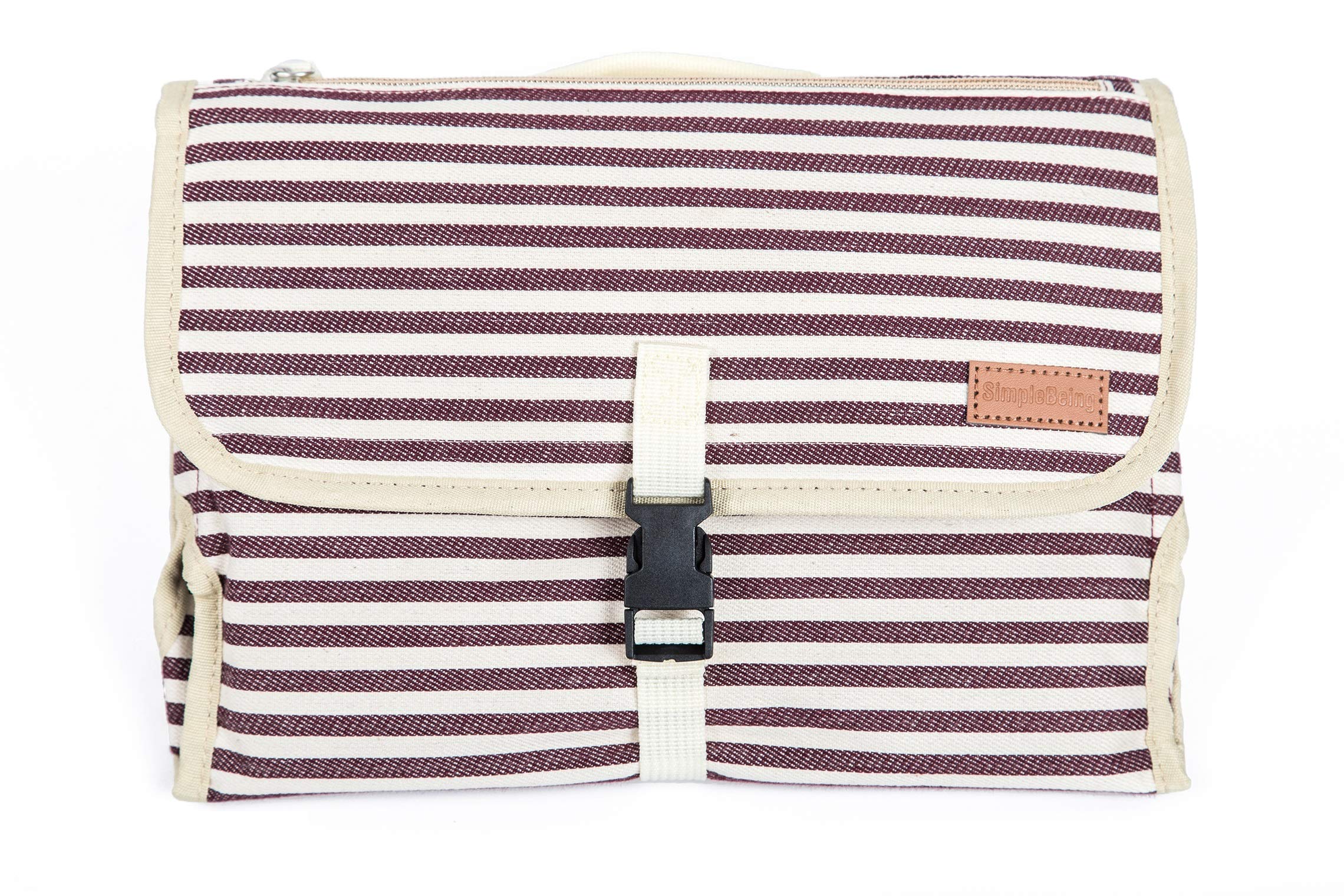Simple Being Portable Changing Pad, Travel Diaper Canvas Clutch Mat, Diaper Bag Essential with Storage Pockets for Wipes and a Supportive Foam Head Pillow Padding (Red Stripe)