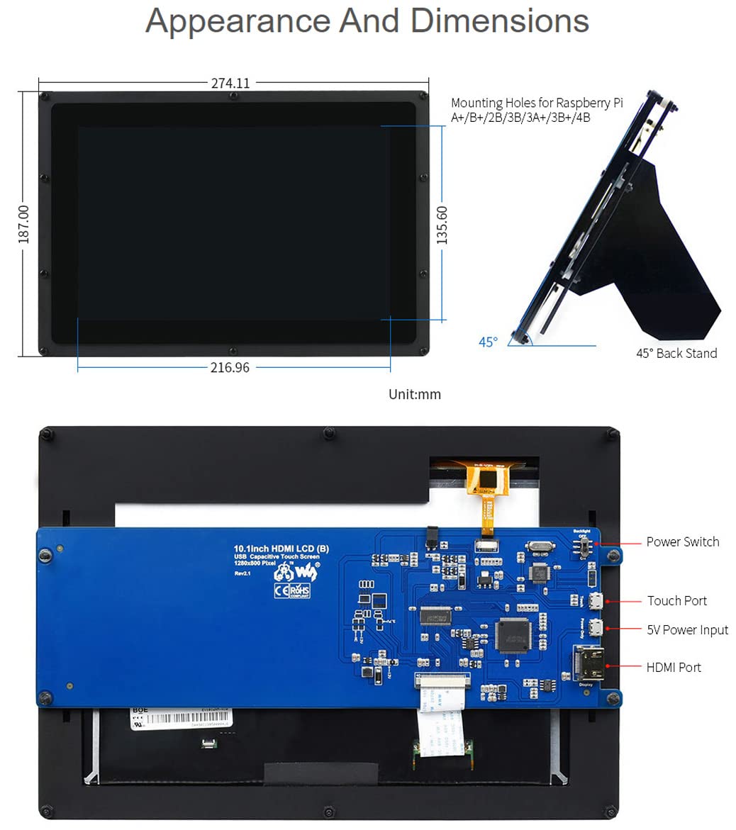 waveshare 10.1inch Capacitive Touch Screen LCD Compatible with Raspberry Pi 5/4B/3B/Zero/Zero W/Zero 2W/Pico/Pico W/Pico WH, Comes with Case and Toughened Glass Cover 1280×800 Resolution HDMI IPS