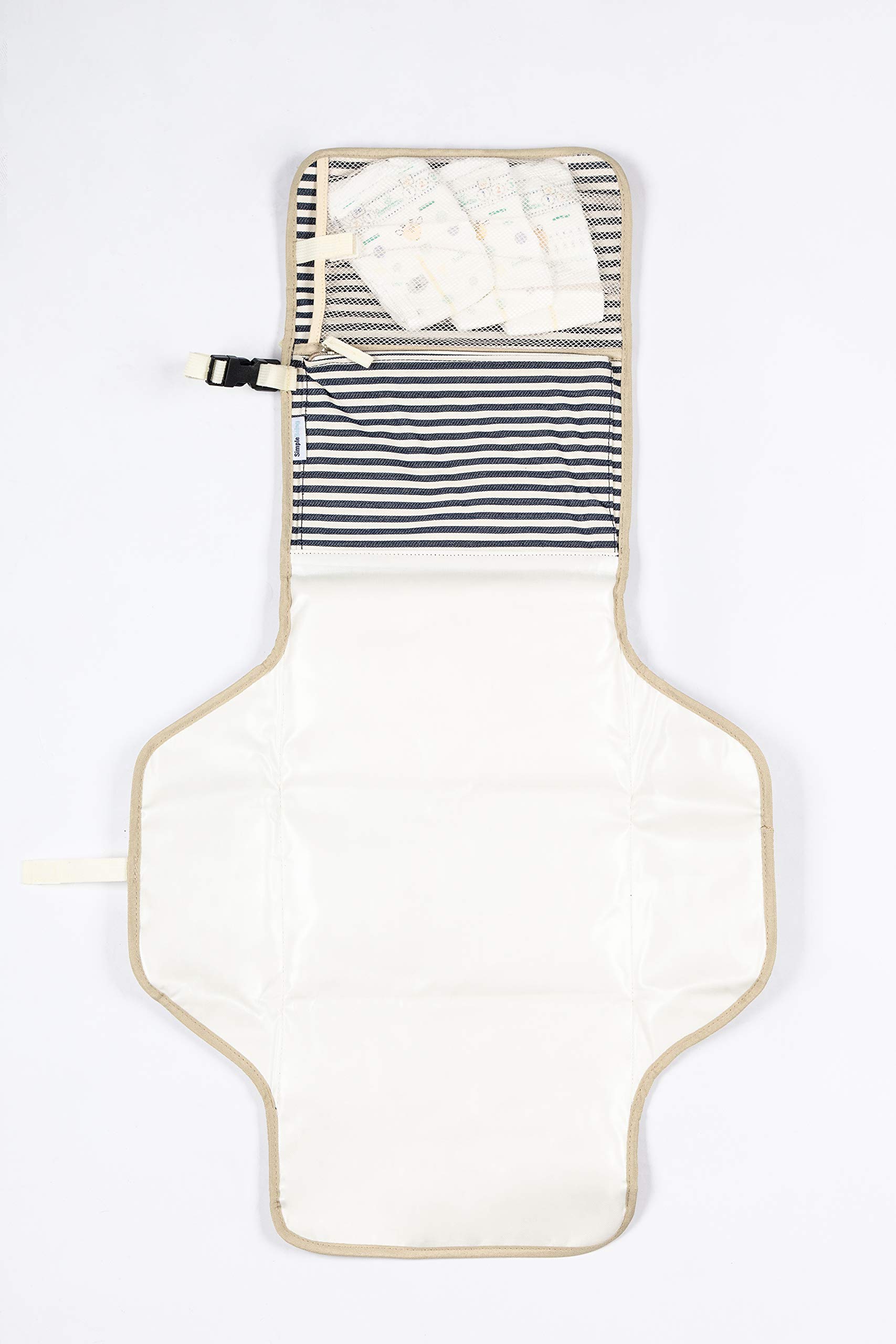 Simple Being Portable Changing Pad, Travel Diaper Canvas Clutch Mat, Diaper Bag Essential with Storage Pockets for Wipes and a Supportive Foam Head Pillow Padding (Navy Stripe)