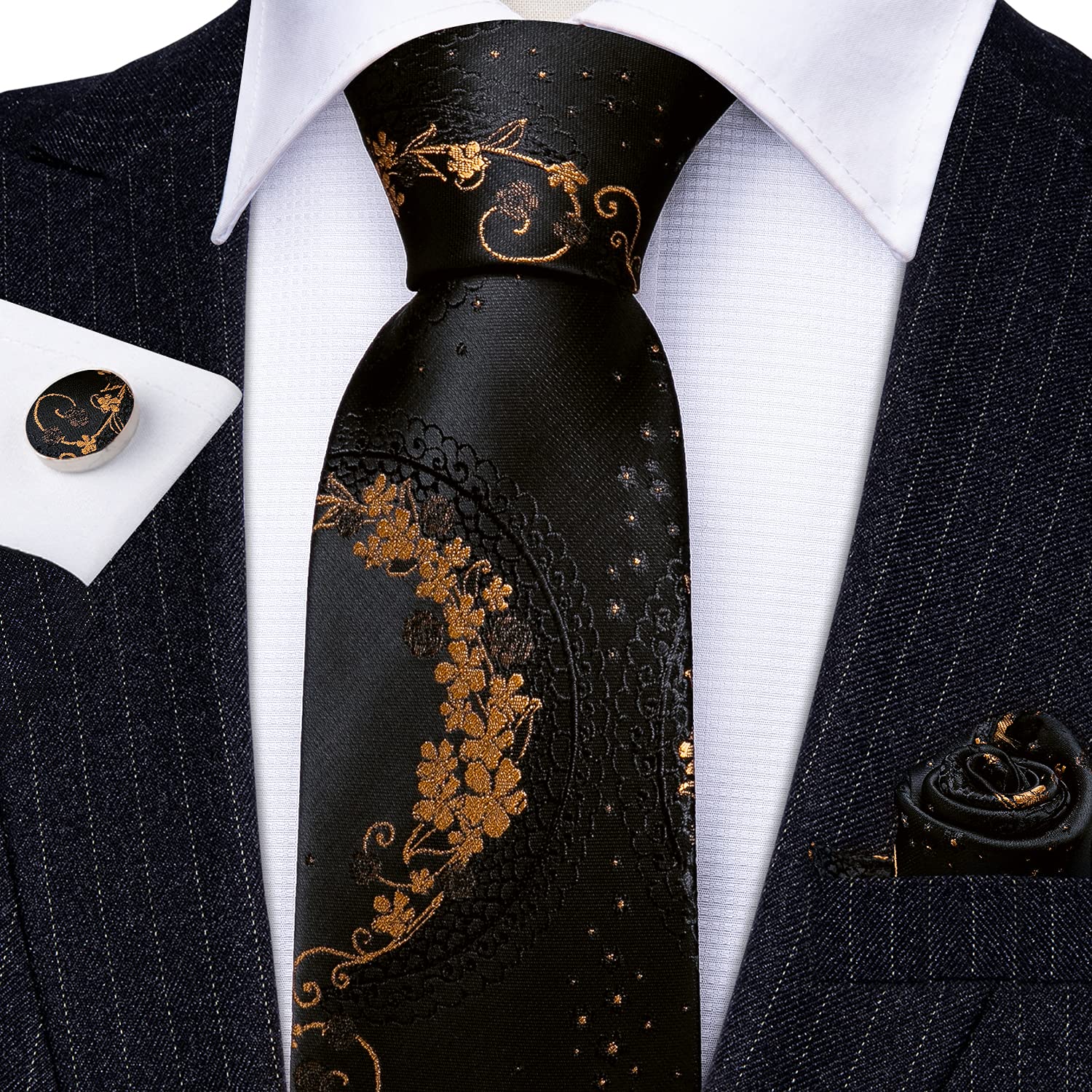 Barry.Wang Flower Ties for Men Handkerchief Cufflinks Set Wedding Necktie Set Party