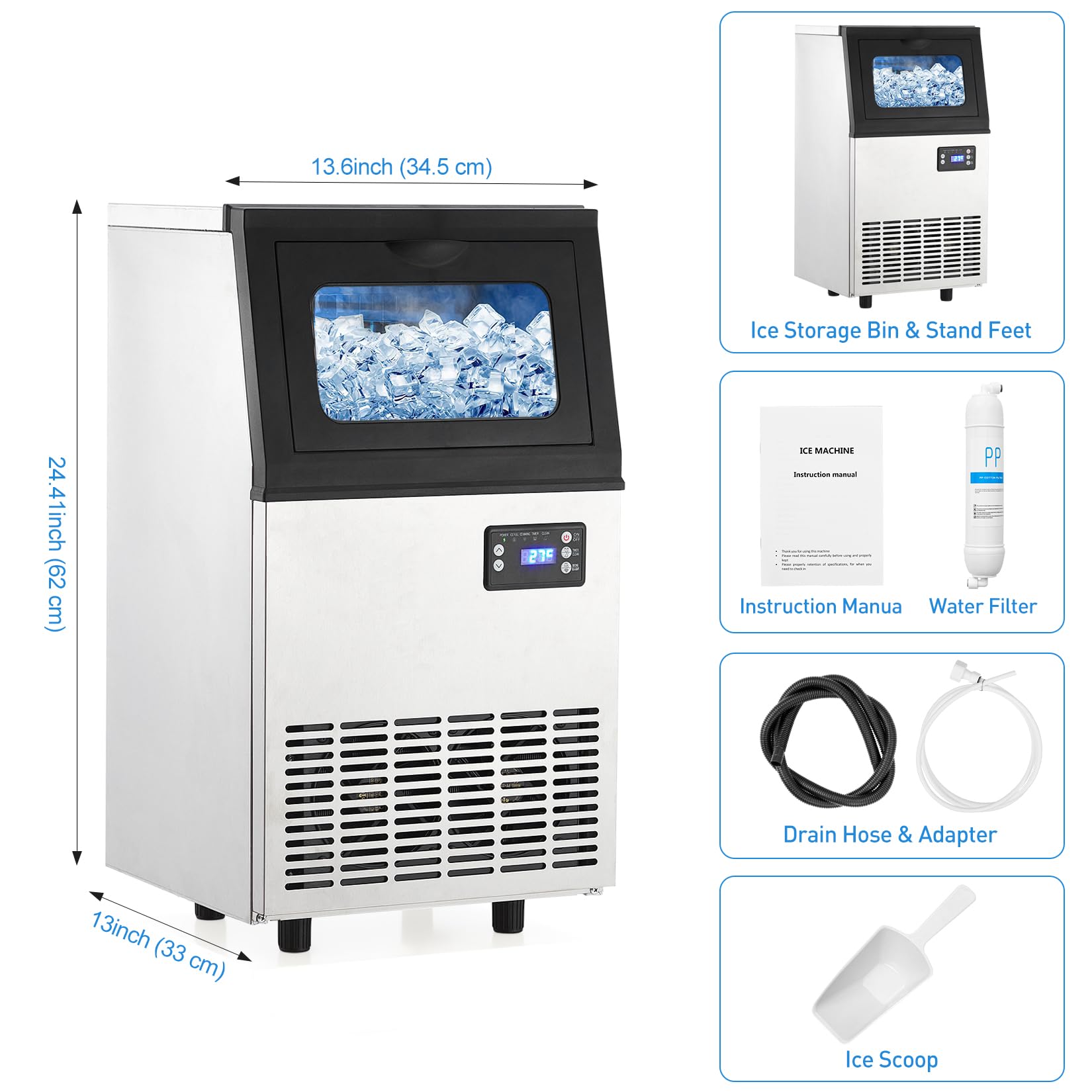 Commercial Ice Maker Machine, 110LBS/24H Commercial Ice Machine with 18LBS Ice Bin and Water Filter, Scoops Included, Under Counter Ice Maker Machine for Home, Restaurant, Coffee, Bar