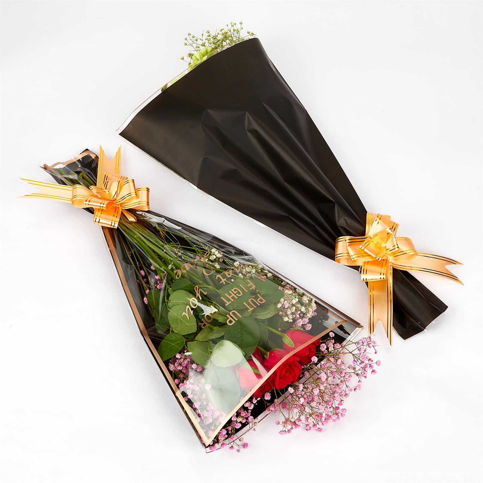 Aylmrice Single Rose Sleeve Packaging Plastic Flower Bags For Bouquets Sleeves Flower Wrapping Paper Bouquet Cellophane Wrap C3-L-Black-50pcs