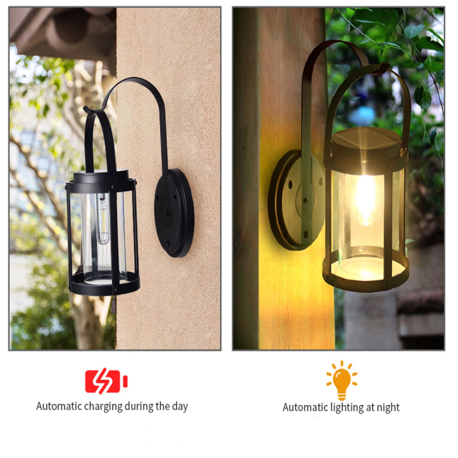 Lxcom Lighting Solar Wall Light Outdoor Solar Deck Lights Solar Powered LED Wall Light Lantern with Hook Decorative Solar Fence Lights Waterproof Wall Sconce for Home Garden Lawn, Warm White