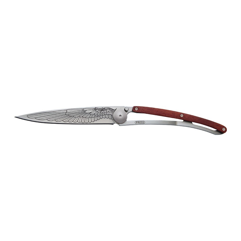 Deejo Ultra Lightweight Folding Pocket Knife with Belt Clip - Coral Wood Version 1.3 oz - Fine, Sharp Blade -Wing Pattern - Stainless Steel - Elegant and Modern Design