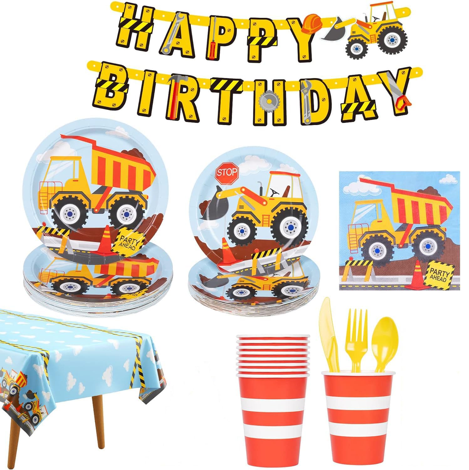 DECORLIFE Construction Birthday Party Supplies Serves 24, Construction Party Plates, 54" x108" Tablecloth, Pre-strung Banner Included, Total 170PCS