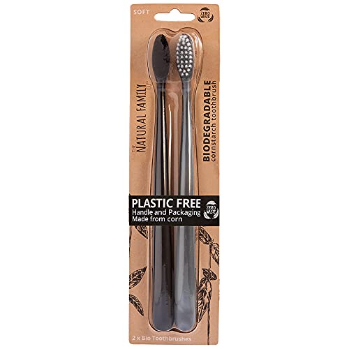 The Natural Family Co. Bio Toothbrush, Soft Nylon Bristles with Non GMO Cornstarch Handles, Plastic Free Packaging and Pirate Black and Monsoon Mist Twin Pack