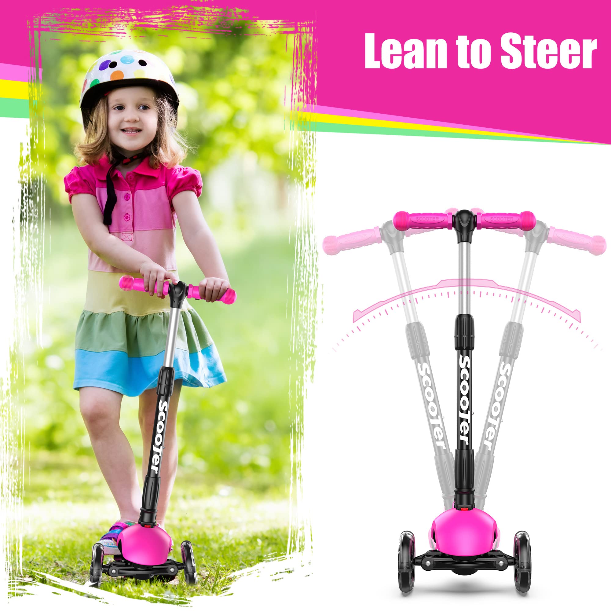 Banne Scooter Height Adjustable Lean to Steer Flashing PU Wheels 3 Wheel Kick Scooters for Kids Boys Girls (Black)
