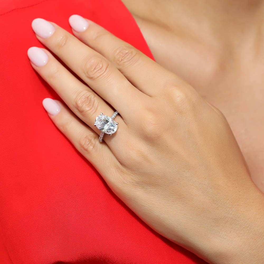 BERRICLE Sterling Silver Solitaire Wedding Engagement Rings 5.5 Carat Oval Cut Cubic Zirconia CZ Statement Cocktail Ring for Women, Rhodium Plated Size 4