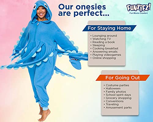 FUNZIEZ! Squid Costume -Adult Octopus Costume - One Piece Animal Pajama (Small) Blue