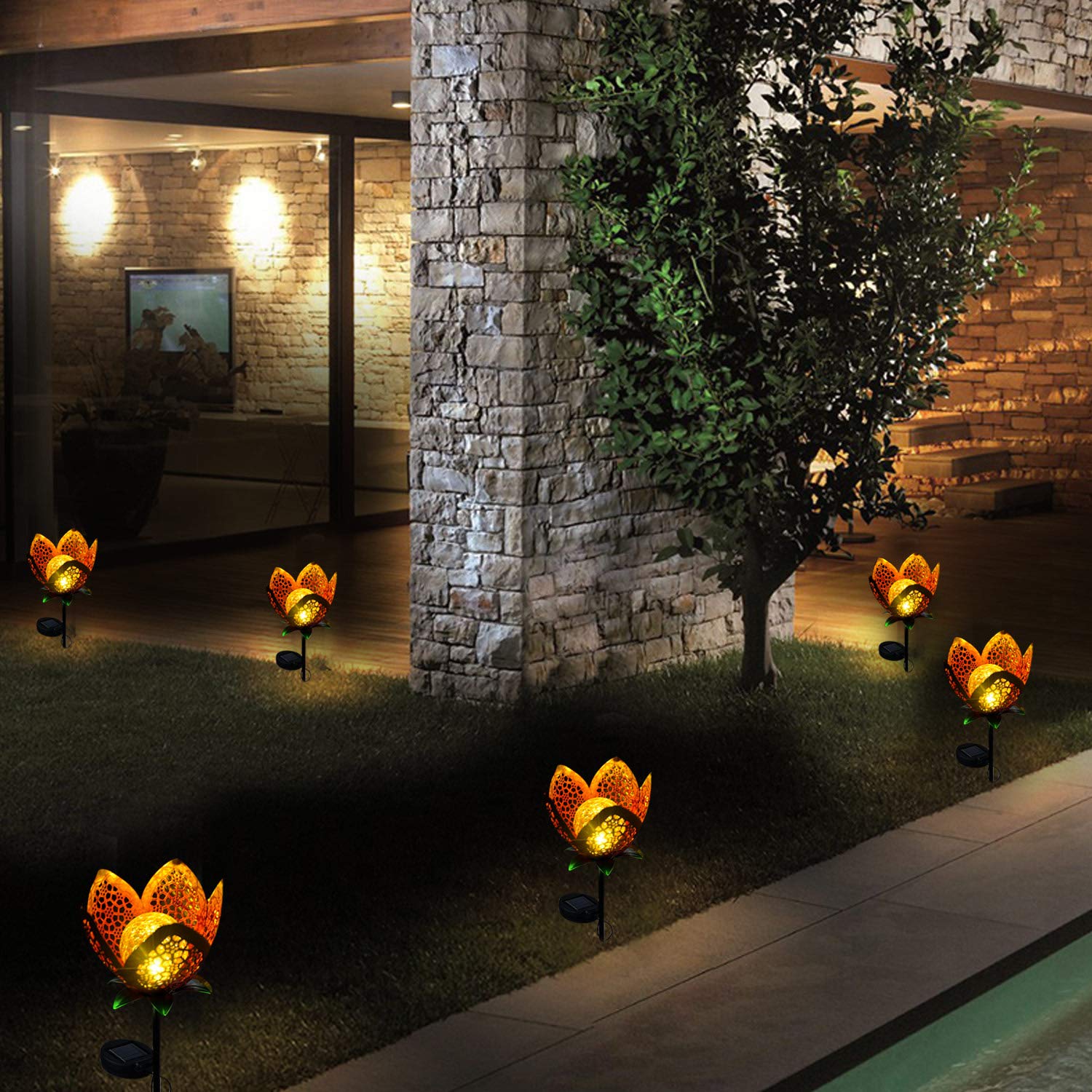 Firlar Garden Solar Lights Outdoors, 2pack Pathway Hollow Flower Stake Lights Waterproof Landscape Led Decorative Light for Patio, Walkways,Courtyard, Path,Yard, Lawn(Warm White)
