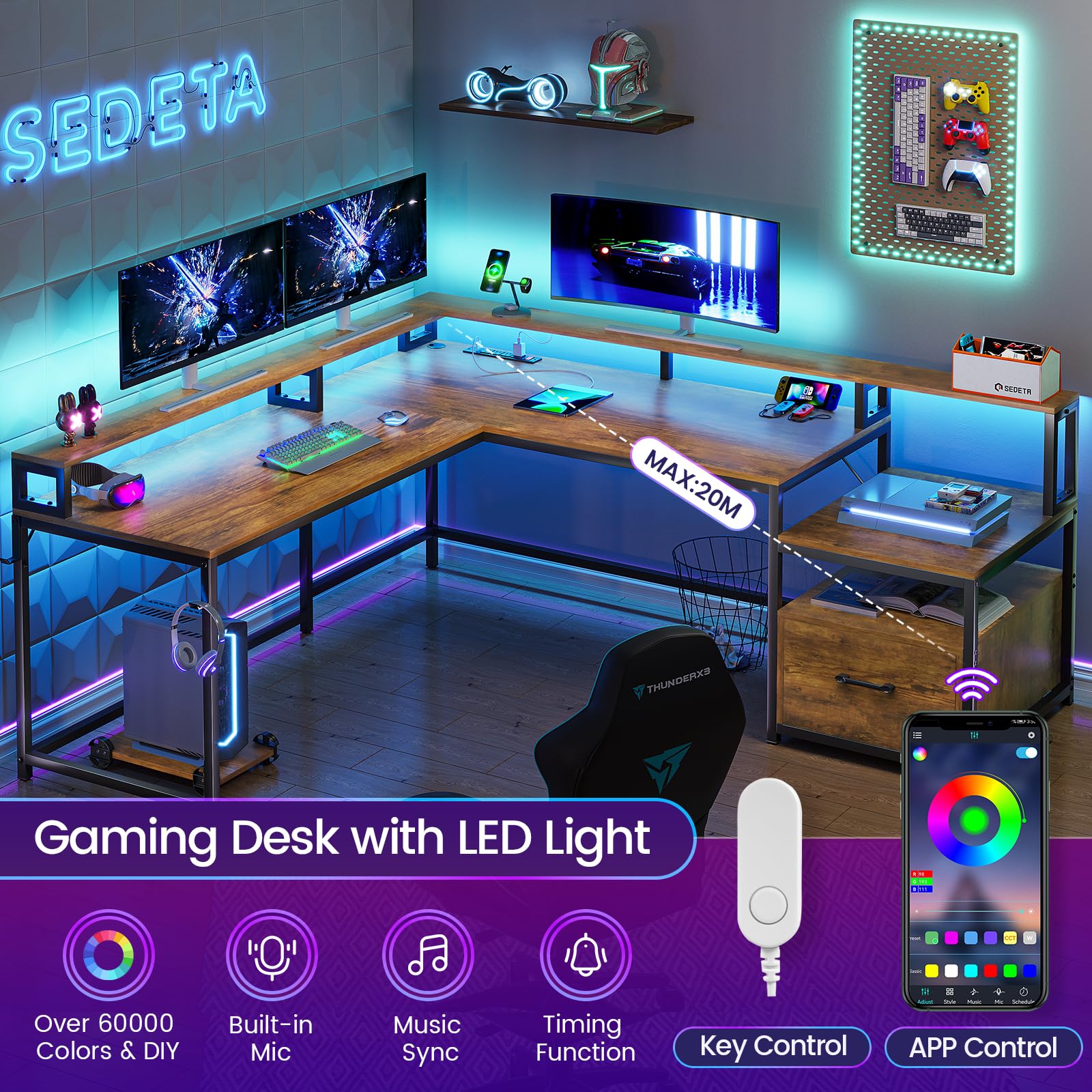 SEDETA L Shaped Desk, 66" Home Office Desk with File Drawer & Power Outlet, Gaming Desk with Led Lights, Corner Computer Desk with Monitor Shelf, Printer Storage Shelves, Two Person Desk, Rustic Brown