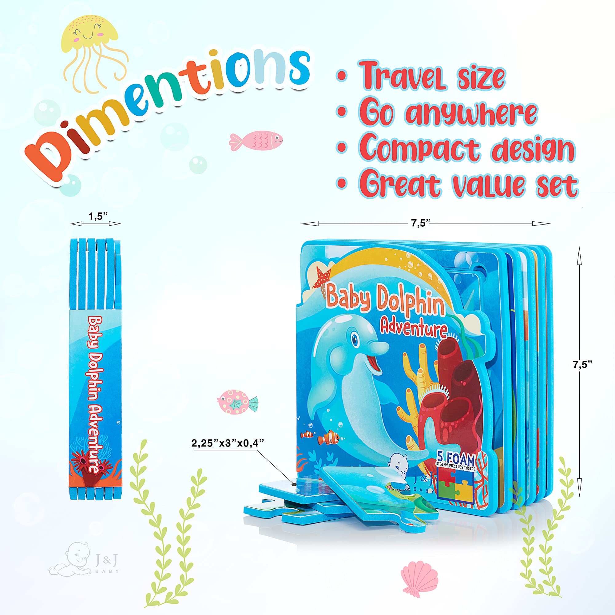 J&J Baby Toddler Puzzles - 5x4-Pieces Dolphin Adventure Soft Jigsaw Puzzles for Toddlers - Set of 5 Educational Learning Puzzles Book for Kids 2-3 Years Old