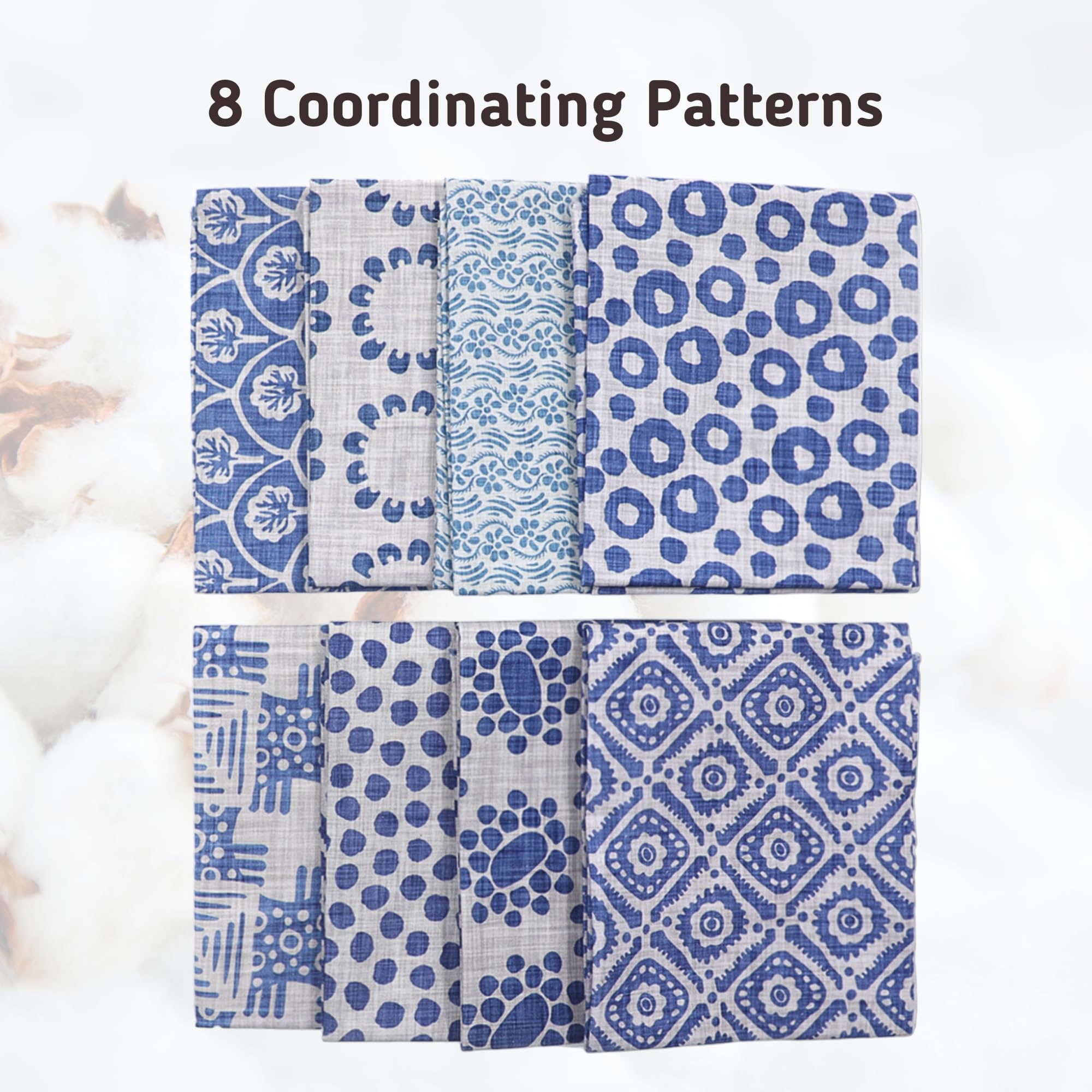 Caspi Crafts 8 Pcs Fat Quarters Fabric Bundles 18"x21", Quilting Fabric, Abstract Cotton Fabric, Precut Squares for Sewing, Quilting, Patchwork, Fabric for Crafts, DIY, (Soft Blue Patterns)