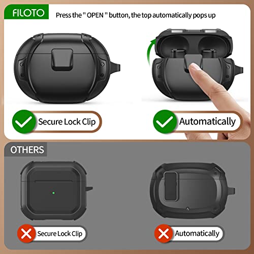 Case for Beats Studio Buds (2021) / Beats Studio Buds+ (2023), Filoto Secure Lock Hard Shockproof Protective Earbuds Case Cover Accessories with Keychain for Men Women(Black)