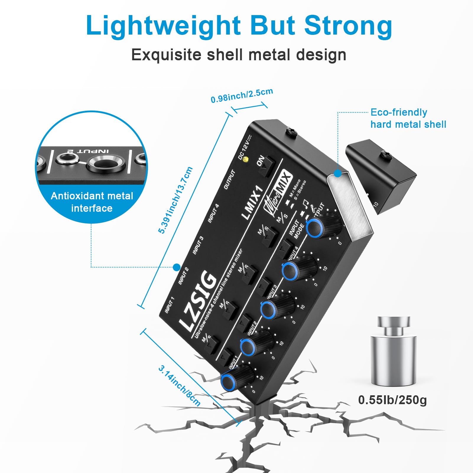 LZSIG Mini Audio Mixer,Stereo Line Mixer for Sub-Mixing,Ultra Low-Noise,4-Channel,Dynamic Microphone Independent Control, 1/4" & 1/8" TRS Output and Input,for Guitars,Bass,Keyboards (Small(4-Channel))
