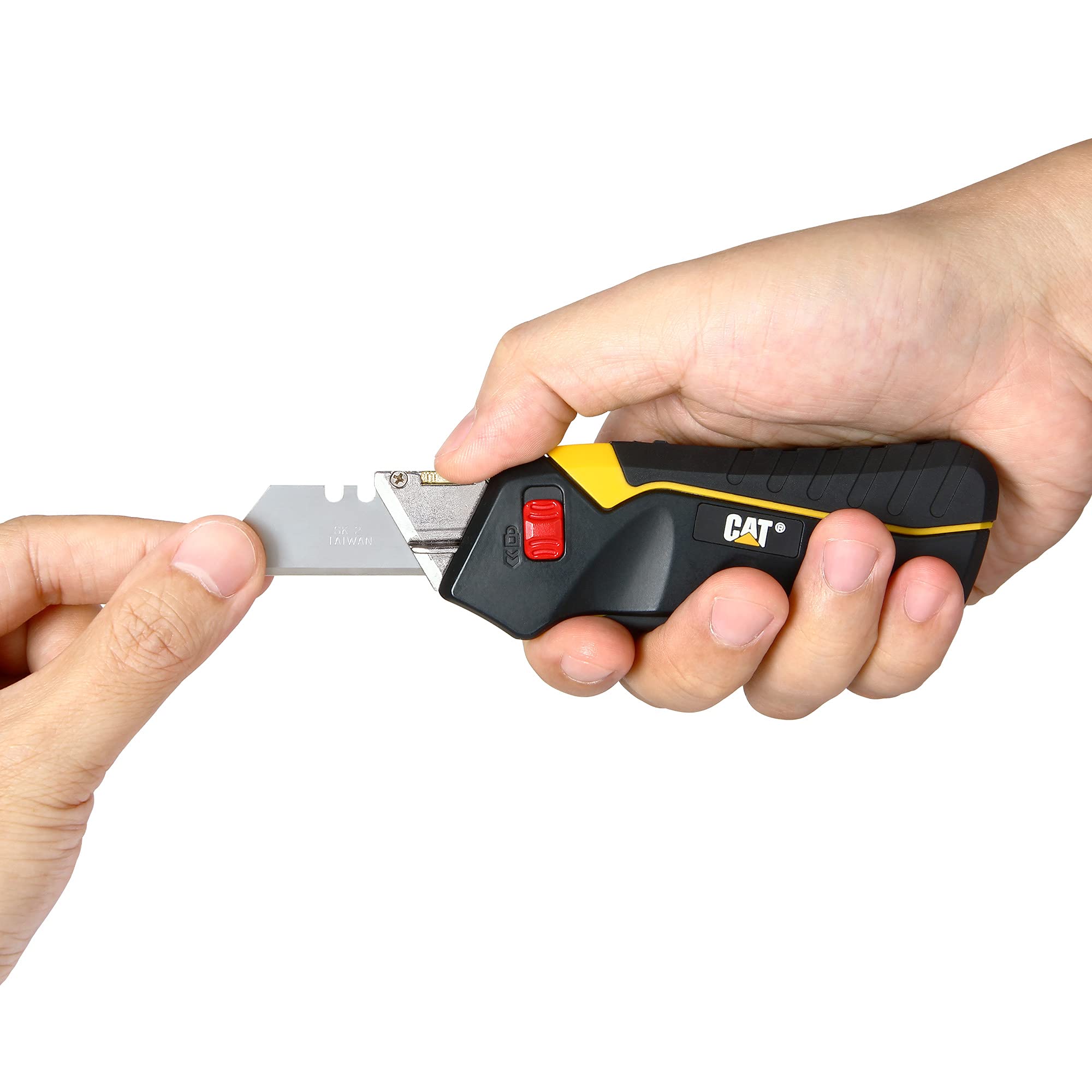 Cat Safety Utility Knife Box Cutter Self-Retracting Blade, Squeeze Handle to Extend Blade, Release to Retract, Lock Blade Open w/Switch, Ergo Handle w/ 3 Safety-Tip Blades That Store Inside - 240071
