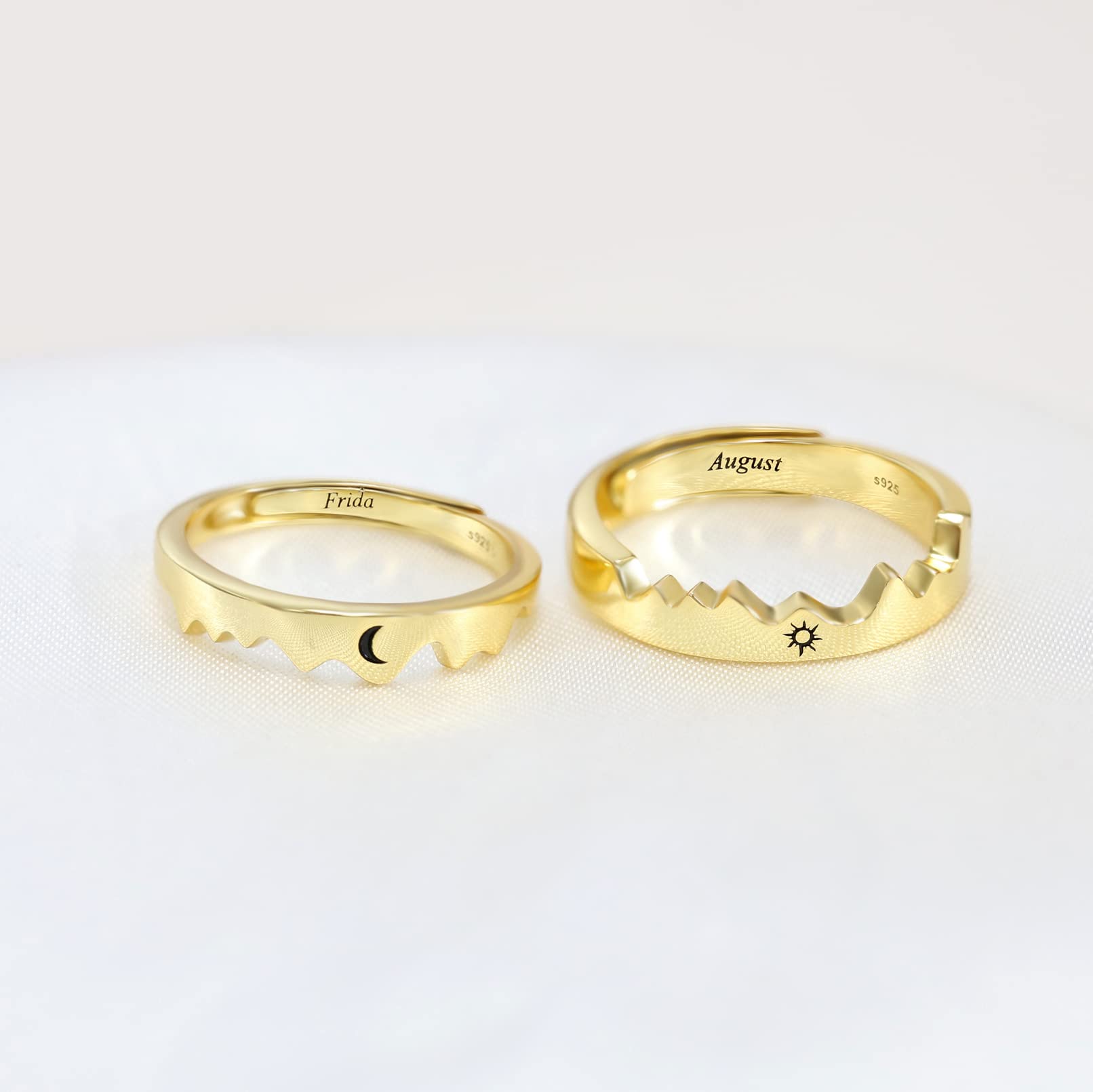 BEOTIMOO 925 Sterling Silver Personalized Matching Rings for Couple Sun Moon Promise Bands Set for Her Him Adjustable Custom Engraved Engagement Wedding Ring