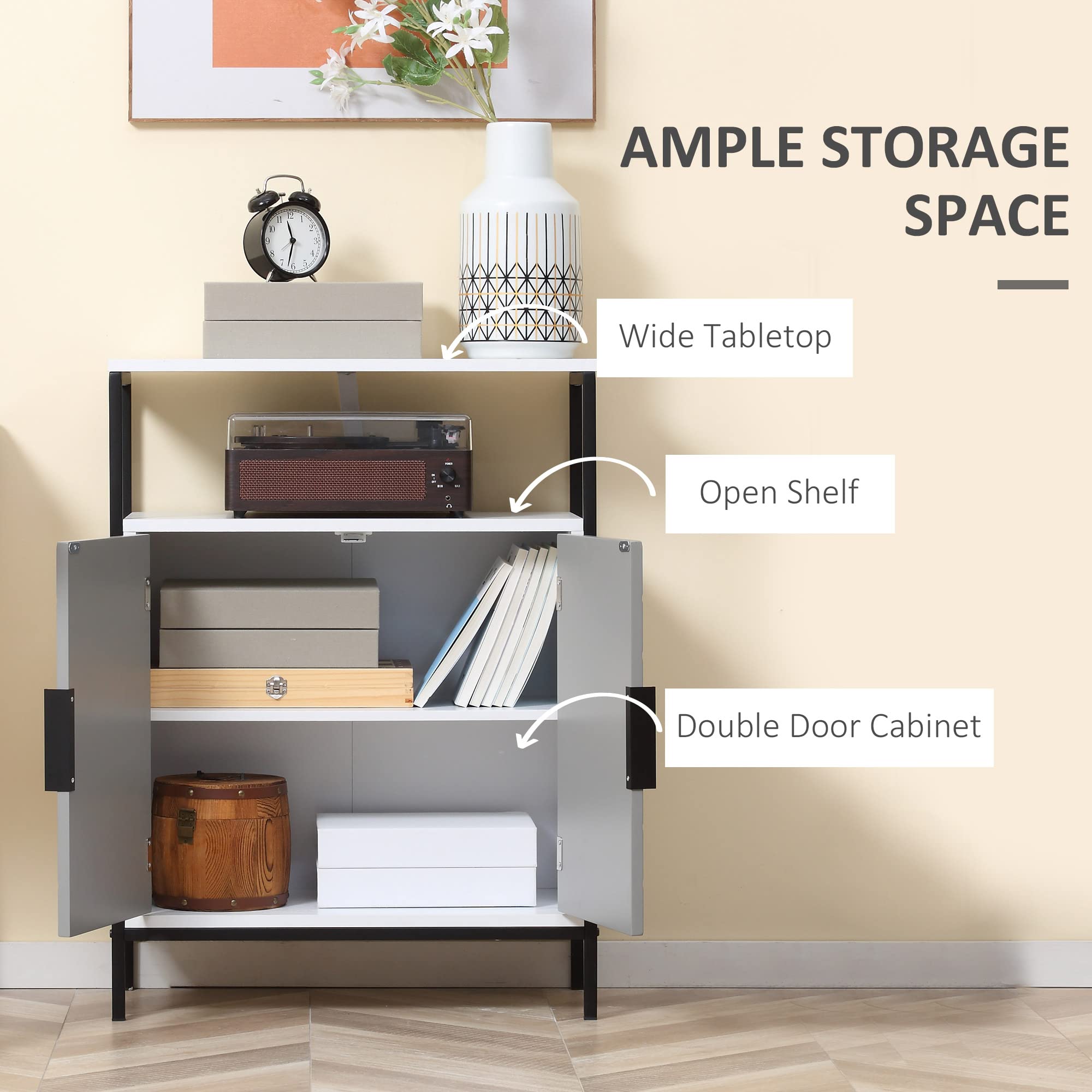 HOMCOM Storage Cabinet with Open Shelf and Double Door Cupboard, Accent Cabinet with Herringbone Panel and Steel Frame, Gray