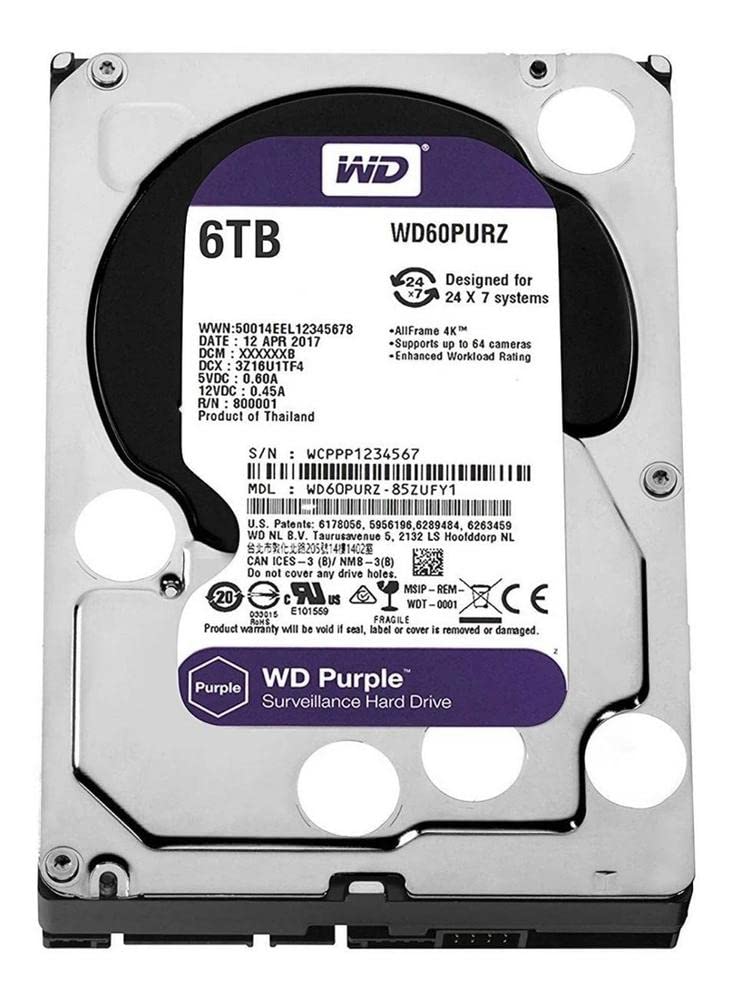 Western Digital 6TB WD Purple Surveillance Internal Hard Drive HDD - SATA 6 Gb/s, 64 MB Cache, 3.5" - WD60PURZ