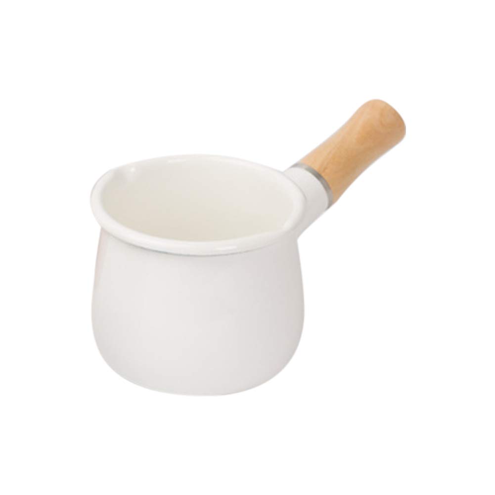 Enamel Milk Pan, Mini Butter Warmer with Pour Spout, 550ml Enamelware Saucepan Milk Warmer with Wooden Handle Small Cookware for Heating Milk, Melting Butter, Boiling Water(White)
