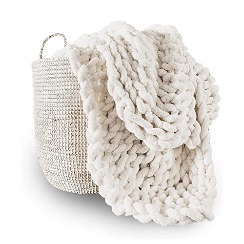 Chunky Knit Throw Blanket Soft Luxury Chenille Yarn Blanket for Farmhouse Boho Decor,Handmade Tight Braided Thick Cable Knit Throw for Bed,Couch,Beige,50x60.