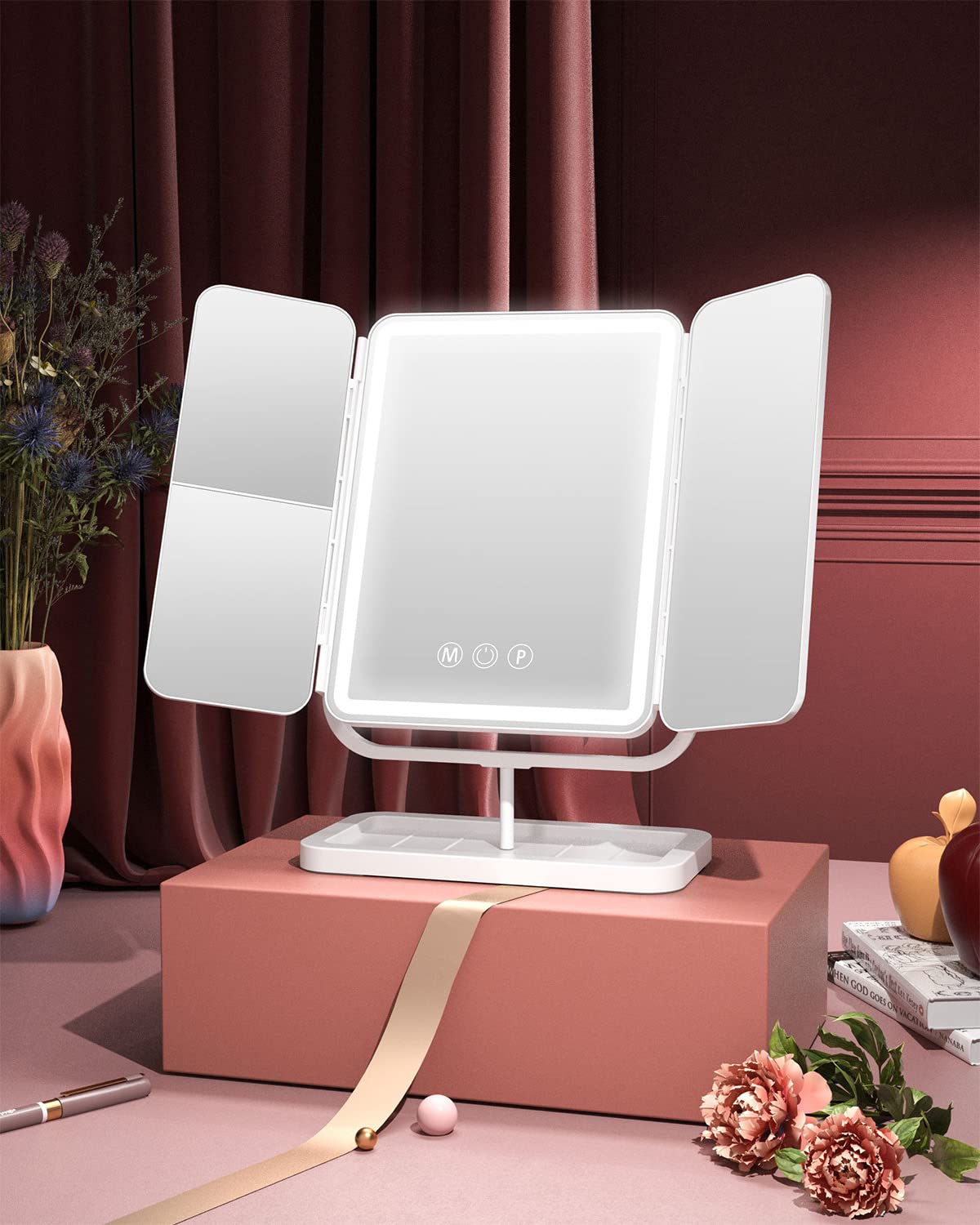 CASSILANDO Trifold Vanity Mirror, 3 Lighting Modes, 360°Rotation ，Trifold Makeup Mirror, Portable LED Makeup Mirror, 1x/2x/3x Magnification and Touch Screen Dimming, Women Gift…