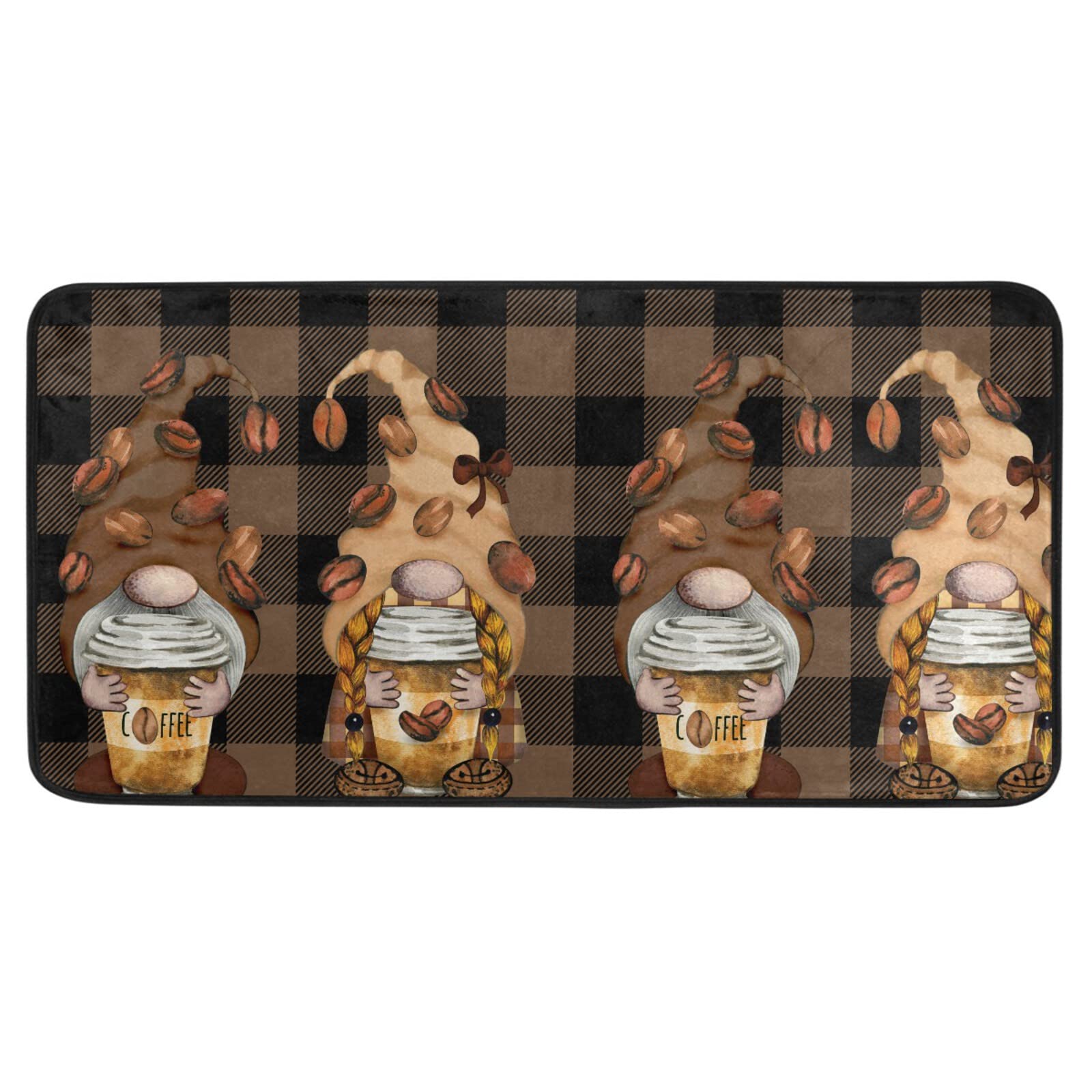 Caikeny Coffee Gnome Couple Kitchen Mats Washable Long Floor Runner Rug Non-Slip Fatigue Area Rugs Watercolor Plaid Absorbent Doormat Cushioned for Farmhouse Home Bath Indoor Outdoor Decor 39x20 in