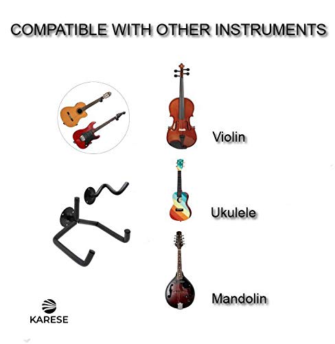 Horizontal Guitar Wall Mount with Guitar Strap and Pick, Padded Wall Hanger Hooks for Electric, Acoustic Guitars, Bass or Mandolin