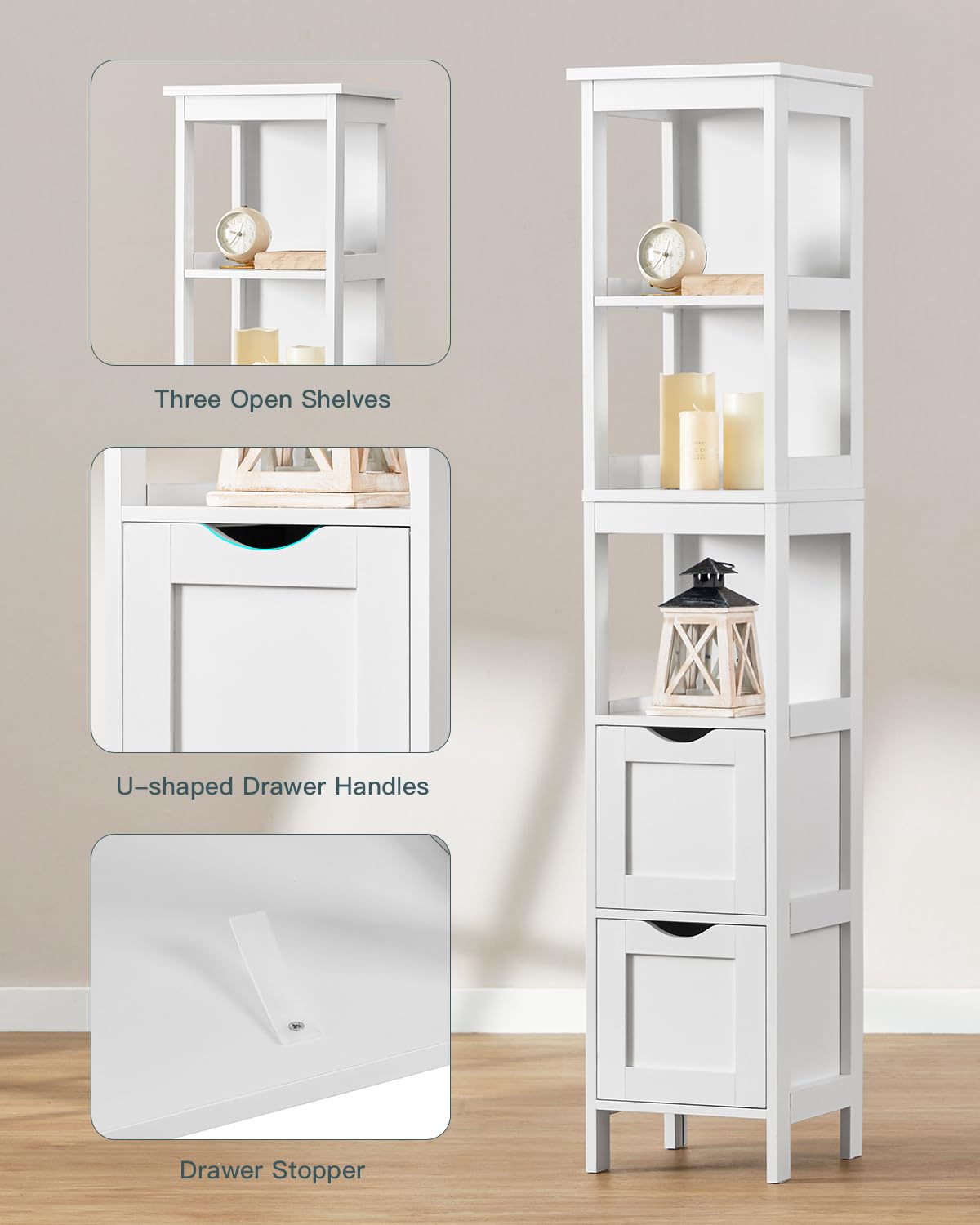 usikey 55.9" H Bathroom Storage Cabinet, Slim Tall Cabinet, Narrow Storage Cabinet with 2 Drawers & 3 Open Shelves, for Bathroom, Living Room, White