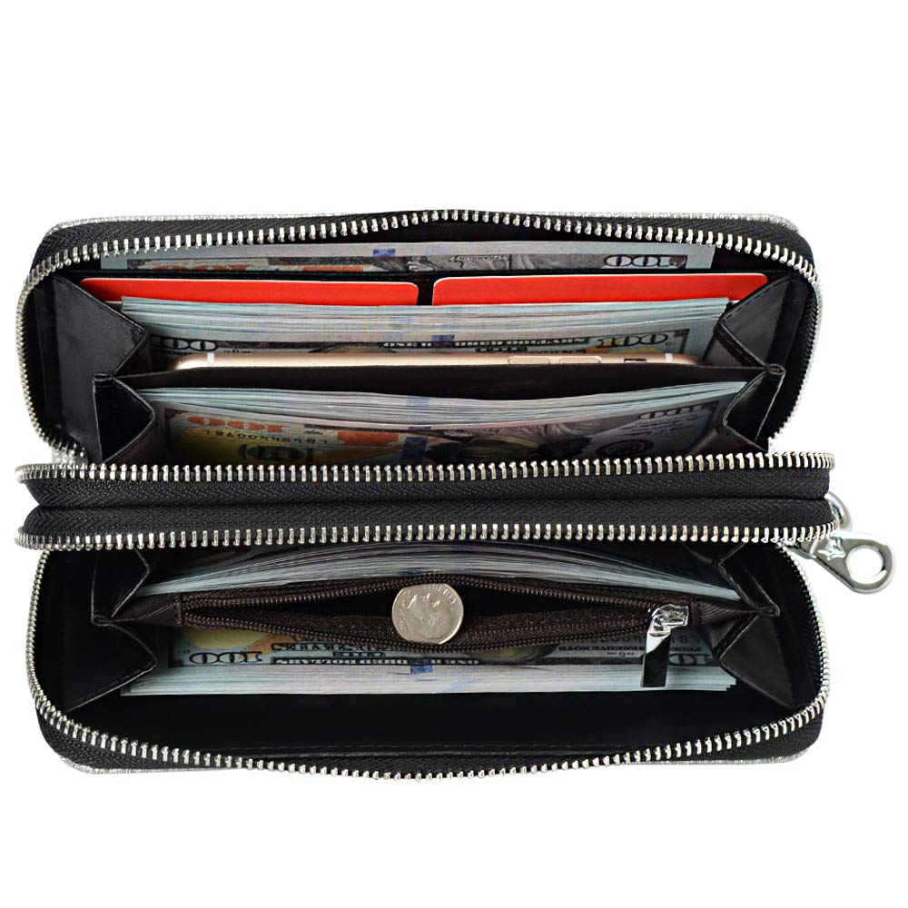 GENTFOX Women's Wallet RFID Blocking Leather Double Zipper Cellphone Wallet Long Purse with Removable Wrist Strap