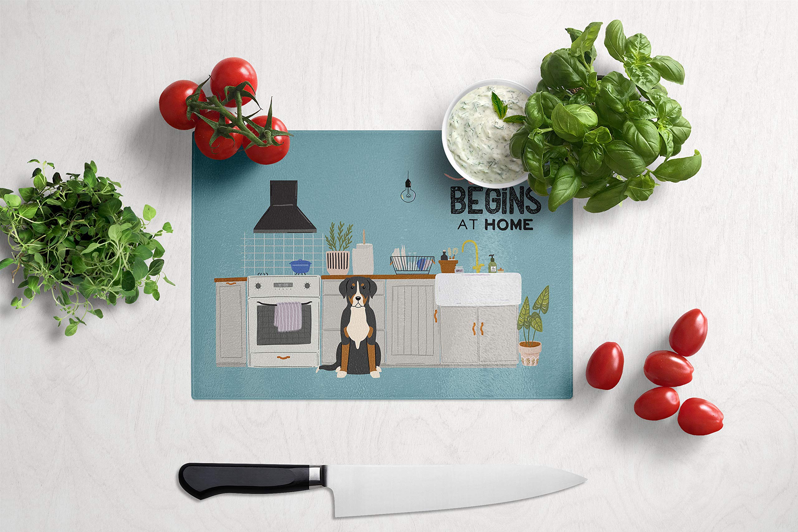 Caroline's Treasures CK7741LCB Greater Swiss Mountain Dog Kitchen Scene Glass Cutting Board Large Decorative Tempered Glass Kitchen Cutting and Serving Board Large Size Chopping Board