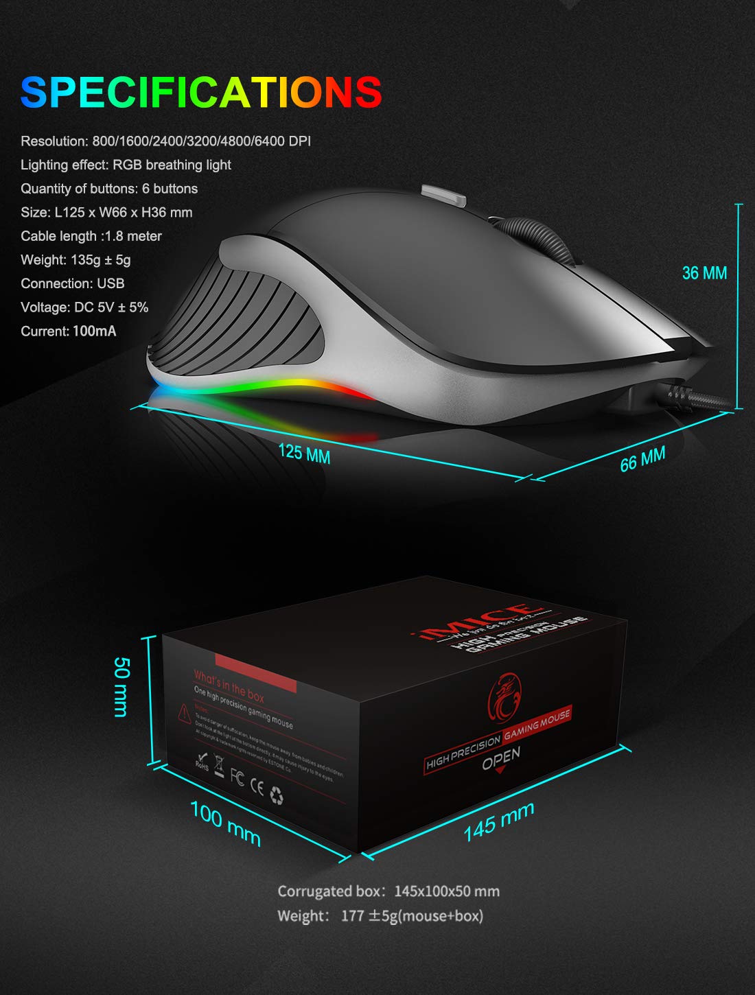 KKUYI RGB Gaming Mouse Wired, USB Computer Gaming Mice with Chroma RGB Lighting/6 DPI Levels/6 Buttons, RGB Gamer Desktop Laptop PC Gaming Mouse with 6ft Cable for Windows Xbox PS4 (Black-01)